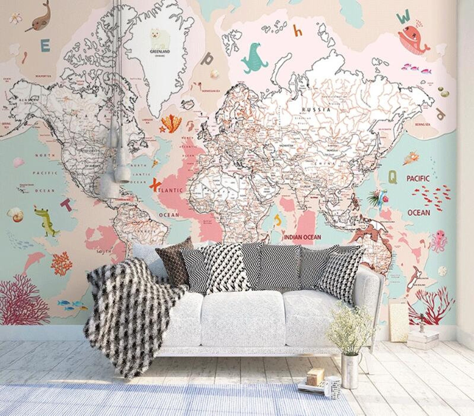 Pink World Map WC231 Wallpaper Mural Self Adhesive Peel and - Etsy