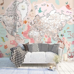 Pink World Map WC231 Wallpaper Mural Self Adhesive Peel and - Etsy