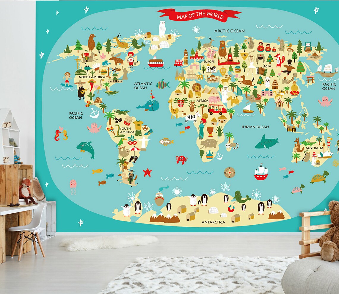123x87312x219cm Cartoon Animal Map 740 Wallpaper - Etsy
