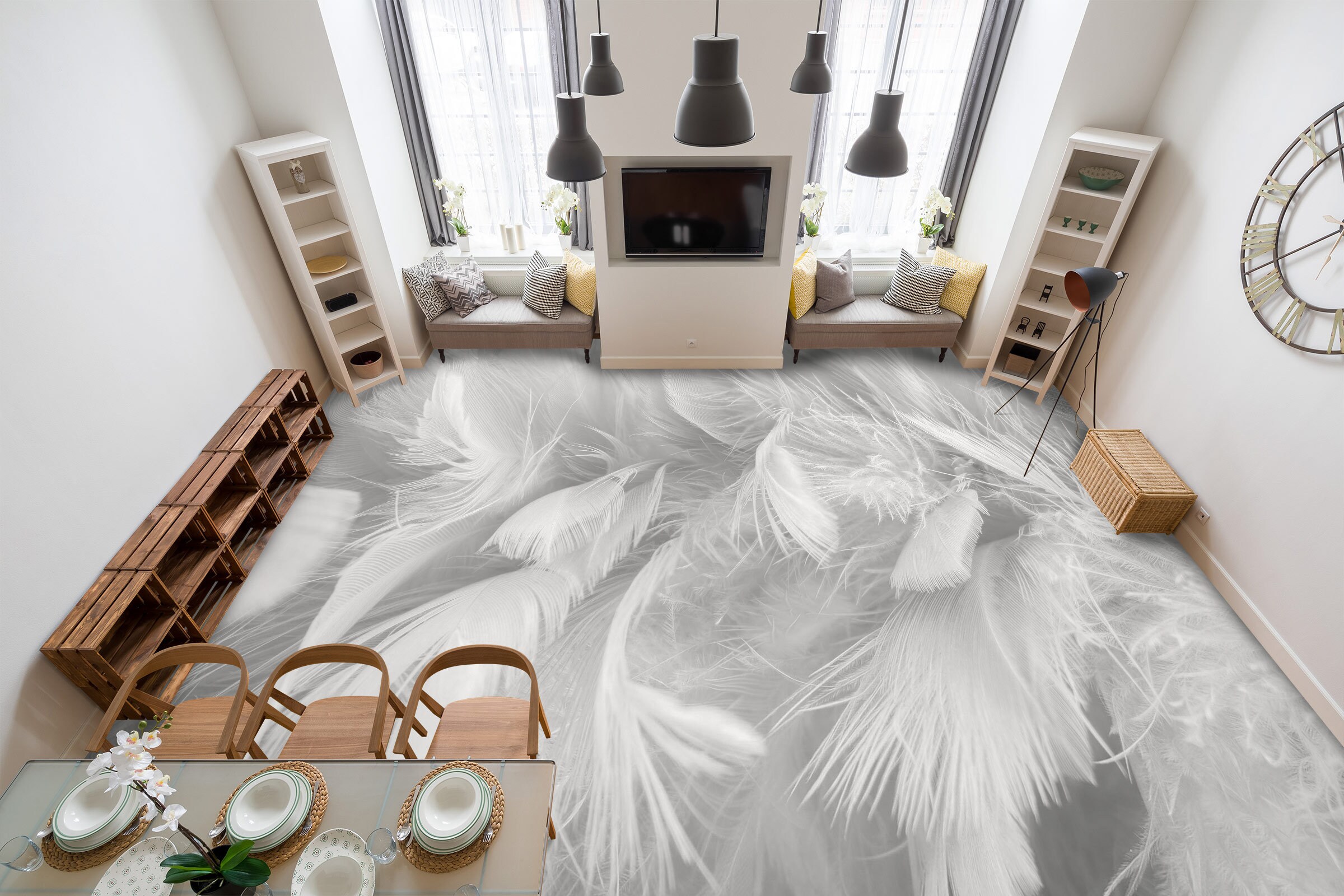 3D White Feather 2202 Floor Wallpaper Murals Self-adhesive Removable ...