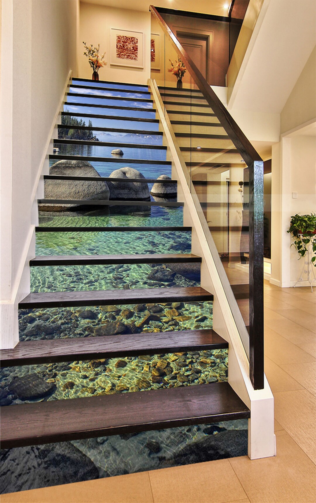 3D Clear Lake Stone S1935 Pattern Tile Marble Stair Risers Decoration Photo Self-adhesive Mural ...