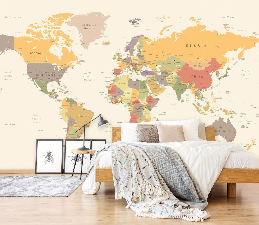 Yellow World Map 027 Wallpaper Mural Self Adhesive Peel and Stick Wall ...