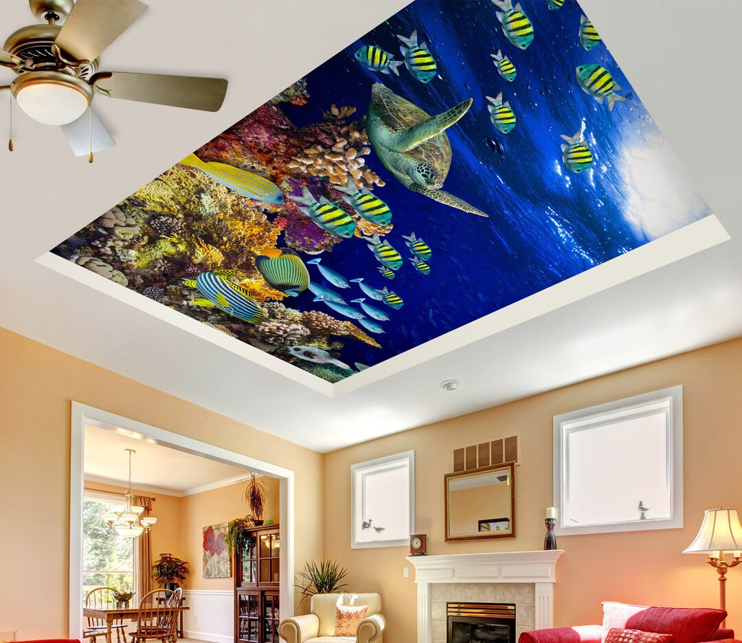 3D Ocean Sea Turtle C1601 Ceiling Wallpaper Removable Self Adhesive ...