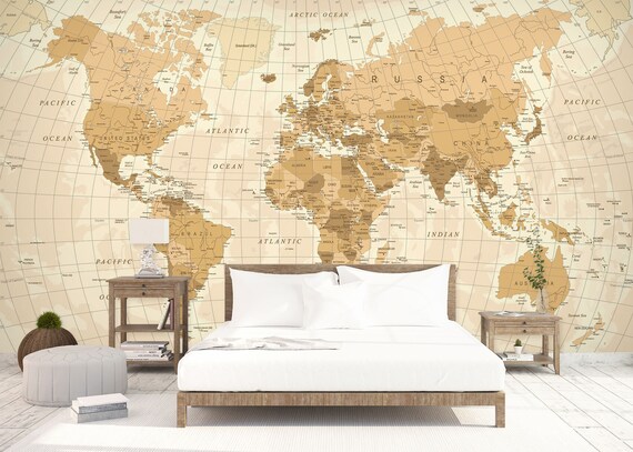 Light Brown World Map 6188 Wallpaper Mural Self Adhesive Peel | Etsy