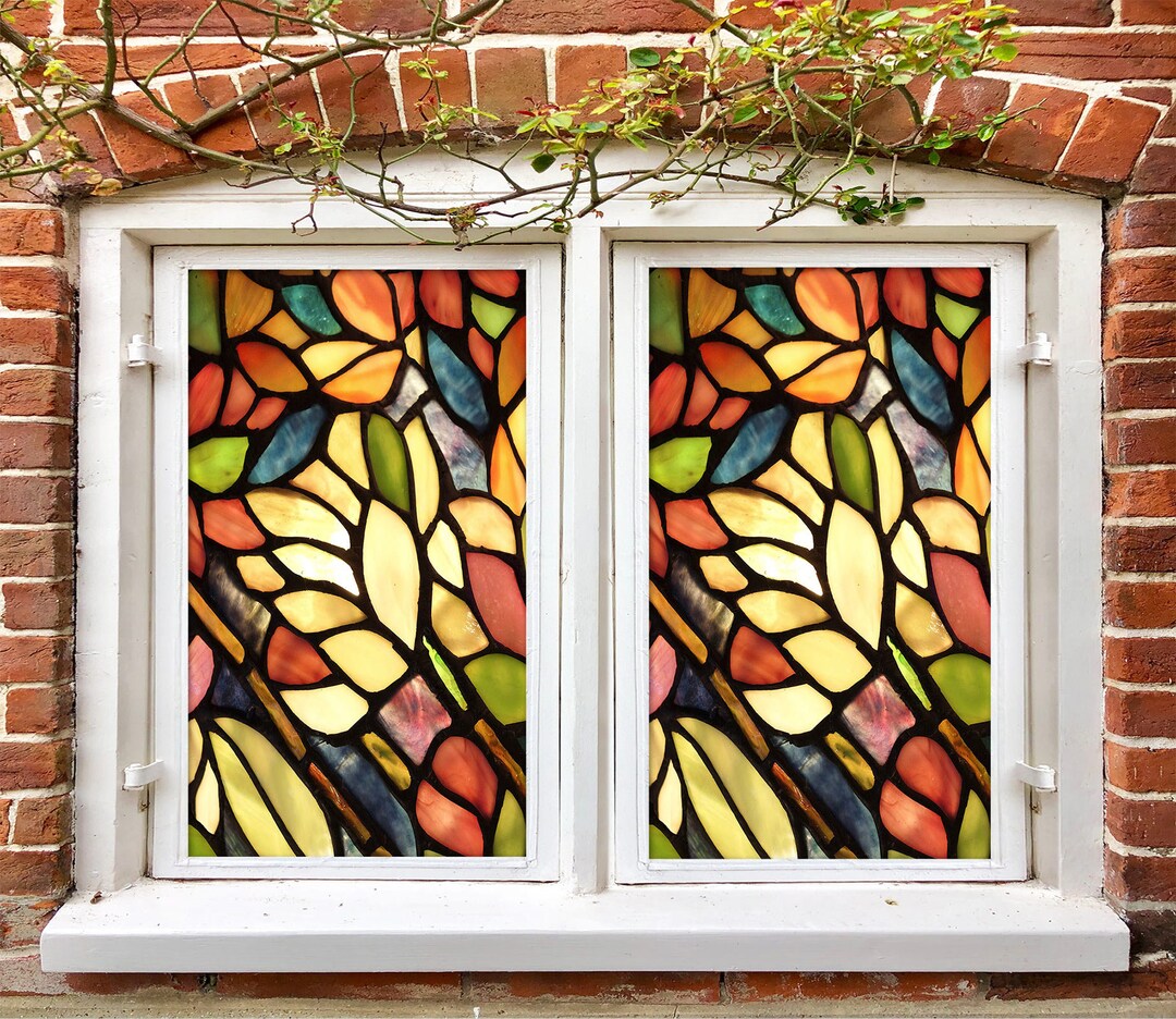 3D Leaf Pattern W7889 Window Film Print Sticker Cling Stained Glass ...