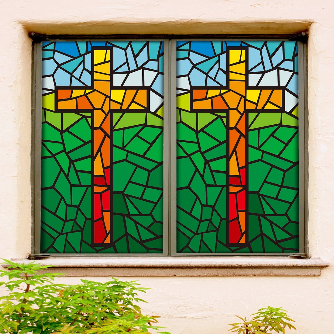 3D Cross Pattern W2213 Window Film Print Sticker Cling Stained Glass Xmas Window Decor UV Heat ...