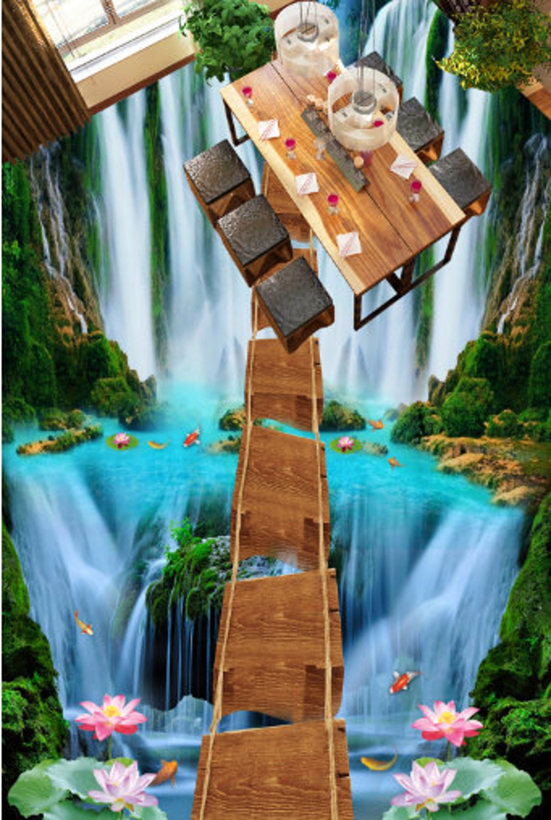 3D Lotus Waterfall 1222 Floor Wallpaper Murals Self-adhesive - Etsy