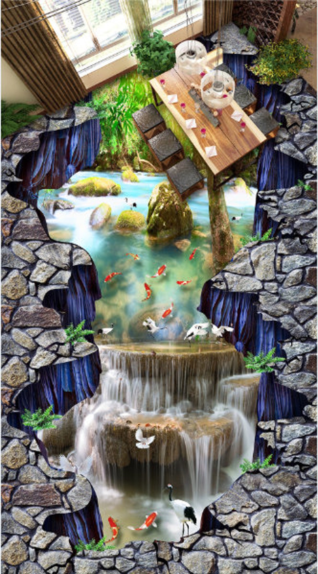 3D Tree Waterfall 0900 Floor Wallpaper Murals Self-adhesive Removable ...
