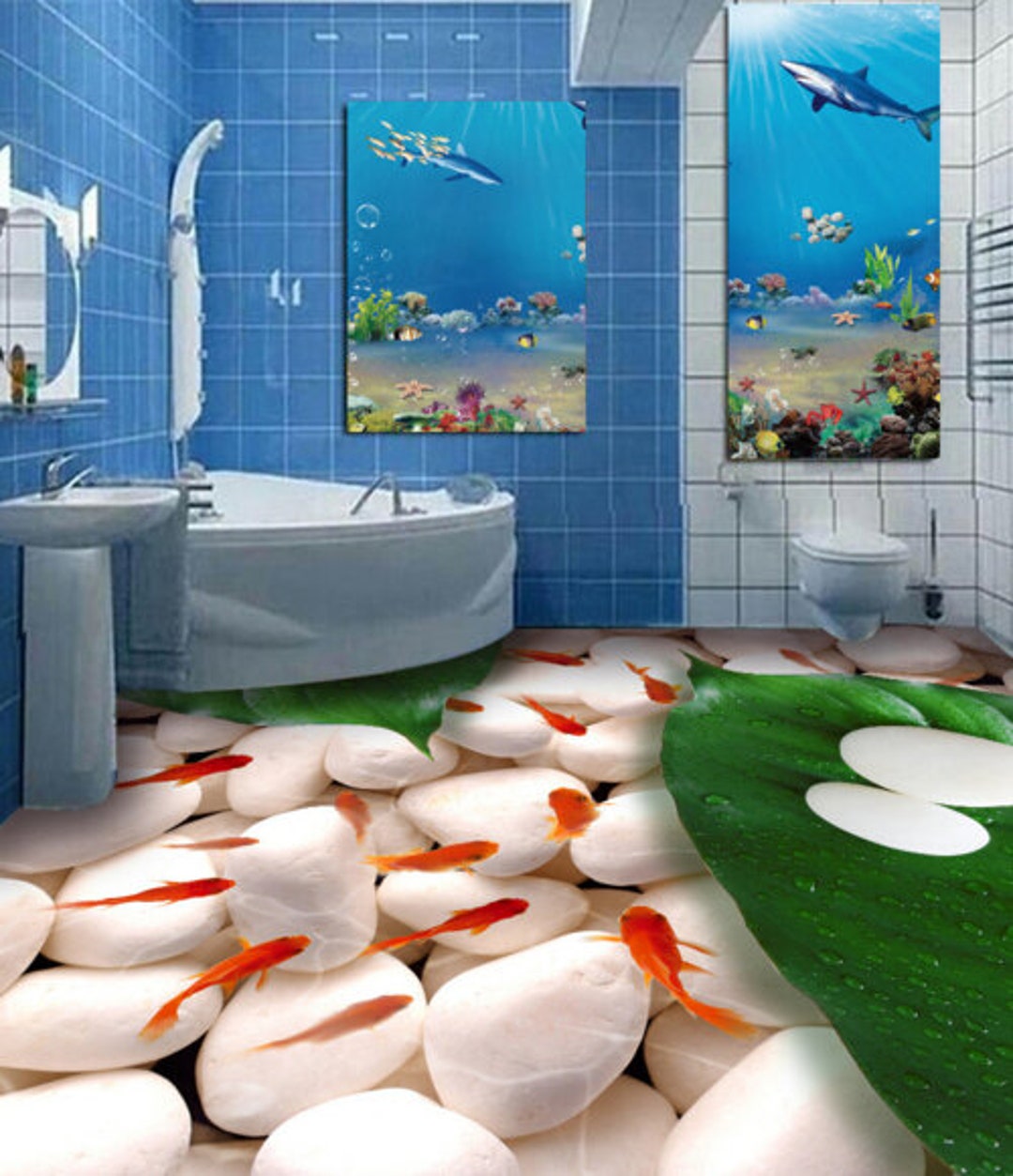 3D White Stone Fish 0409 Floor Wallpaper Murals Self-adhesive Removable ...