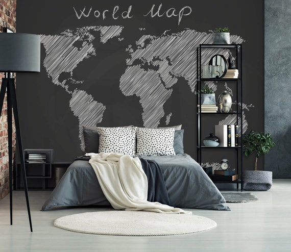 Grey Line World Map 132 Wallpaper Mural Self Adhesive Peel and | Etsy