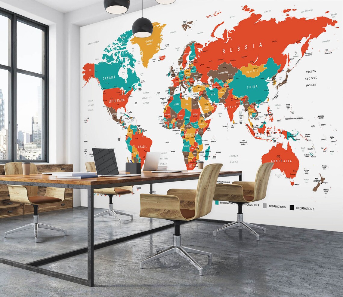 Red World Map 122 Wallpaper Mural Self Adhesive Peel and Stick | Etsy