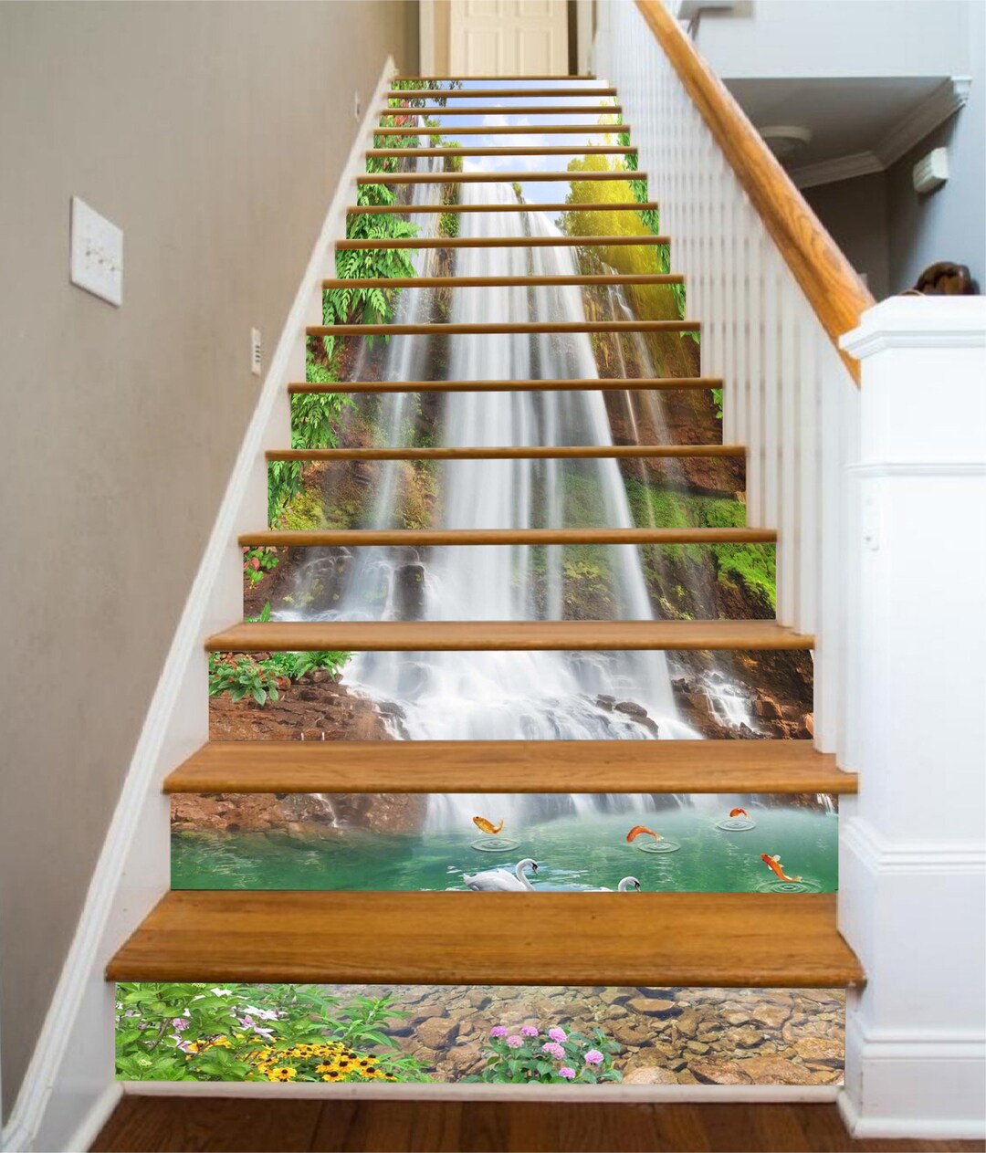 3D Waterfall Swan S1754 Pattern Tile Marble Stair Risers Decoration Photo Self-adhesive Mural ...