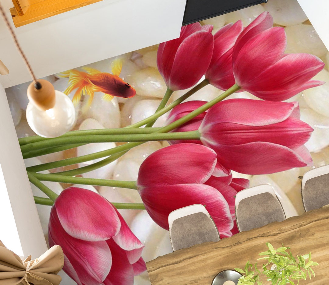 3D Deep Pink Tulips 9788 Floor Wallpaper Murals Self-adhesive Removable ...