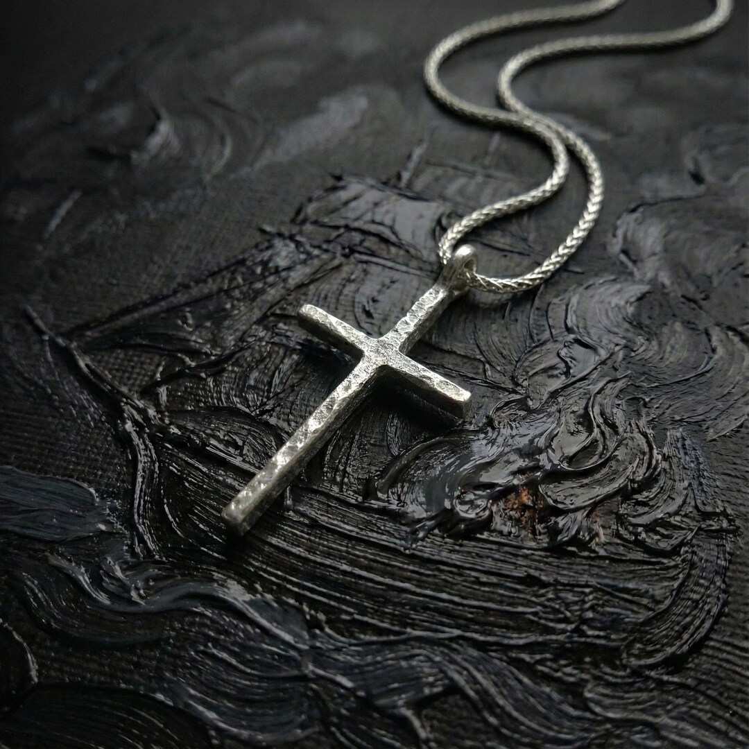 Personalized Rustic Silver Cross Necklace, Handmade Men's Oxidized ...