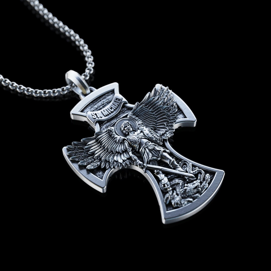 Personalized Archangel Saint Michael Cross Necklace, Silver Shield ...