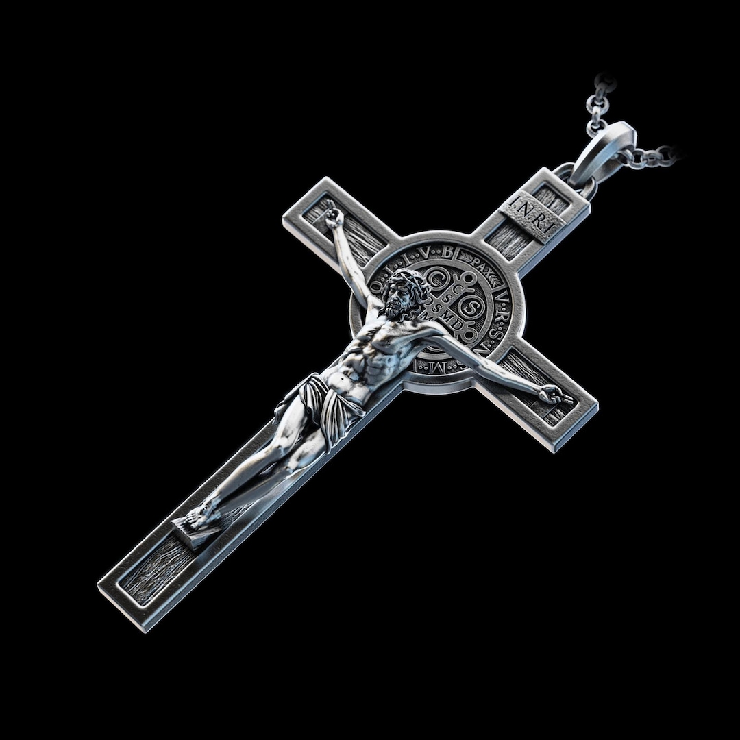 Personalized Saint Benedict Crucifix Silver Necklace, Handmade St ...