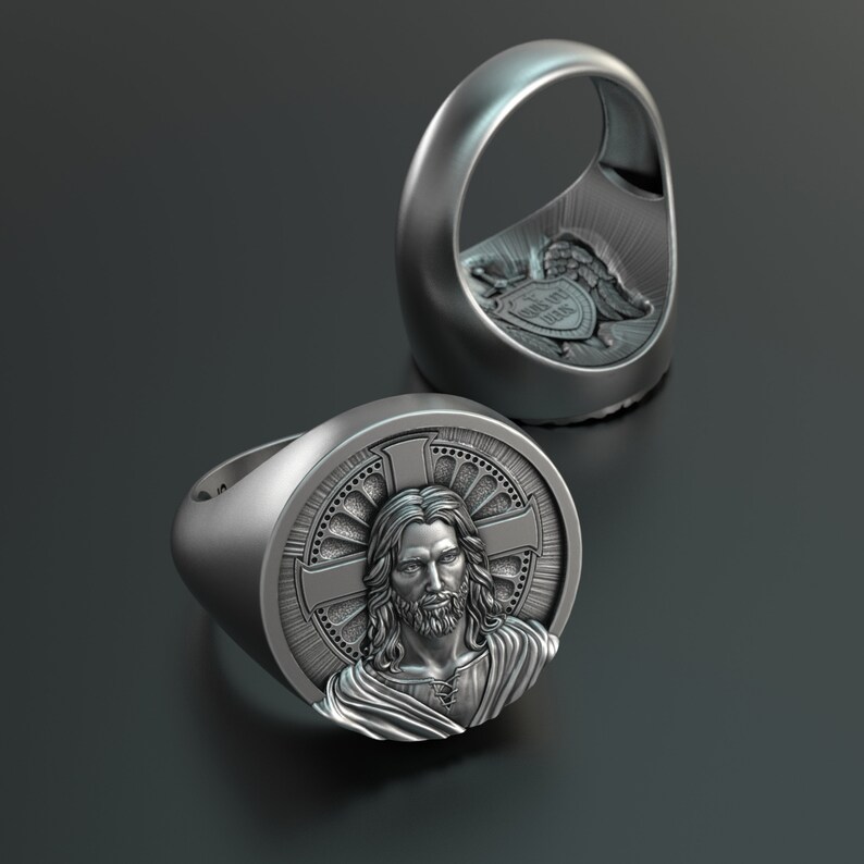 Jesus Silver Ring Jesus Signet Ringmens Religious Silver | Etsy