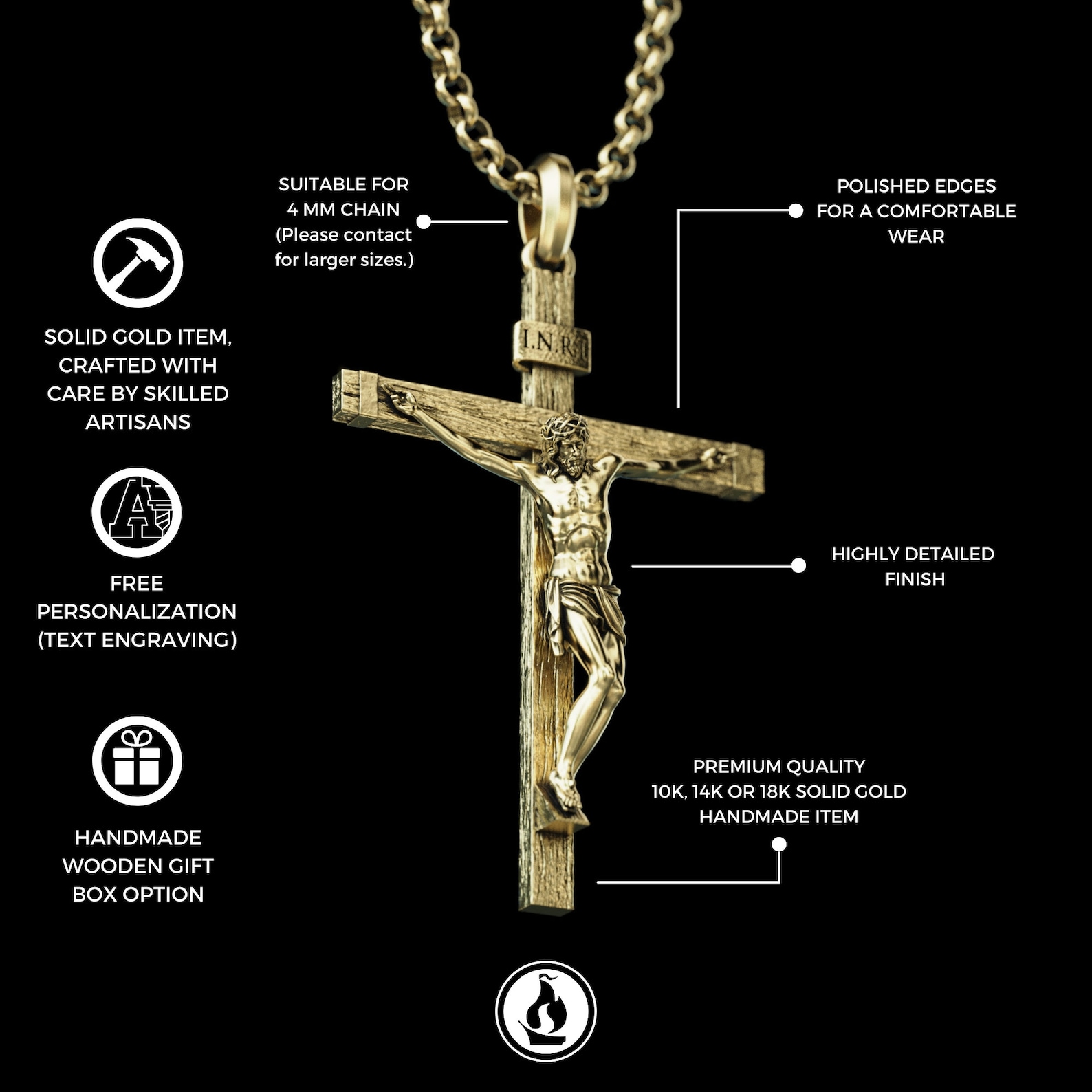 Handmade Jesus Cross Gold Necklace, Personalized Gold Crucifix Pendant ...