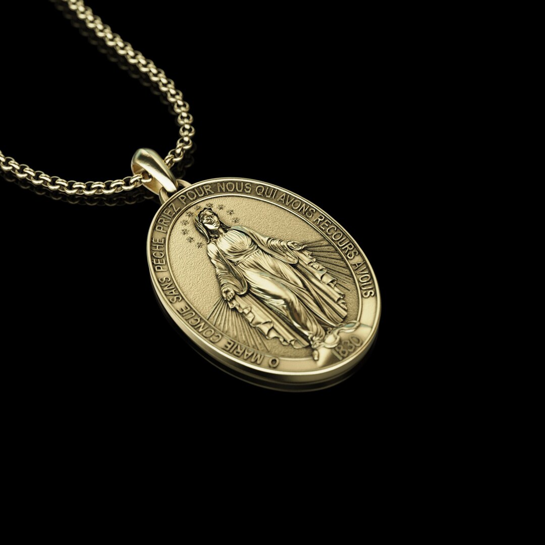 Handmade Gold the Miraculous Medal, Gold Holy Mother Pendant, Virgin ...