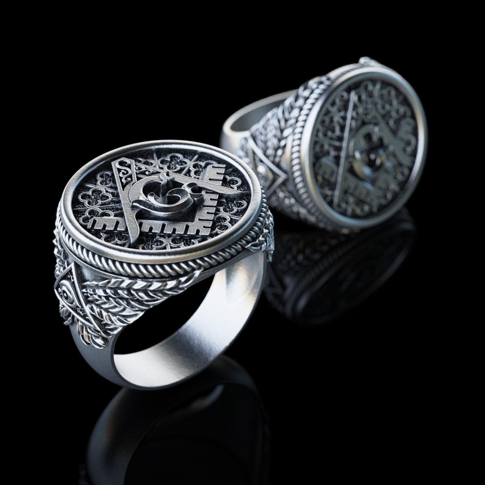 Sterling Silver Master Mason Ring, Personalized Freemason Symbol Signet ...