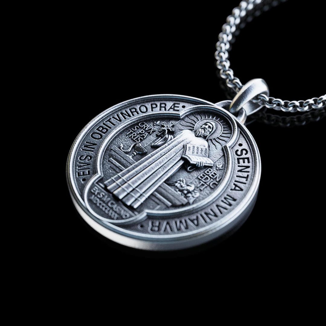 Sterling Silver Saint Benedict Necklace, Personalized Christian Saint Benedict Medallion ...
