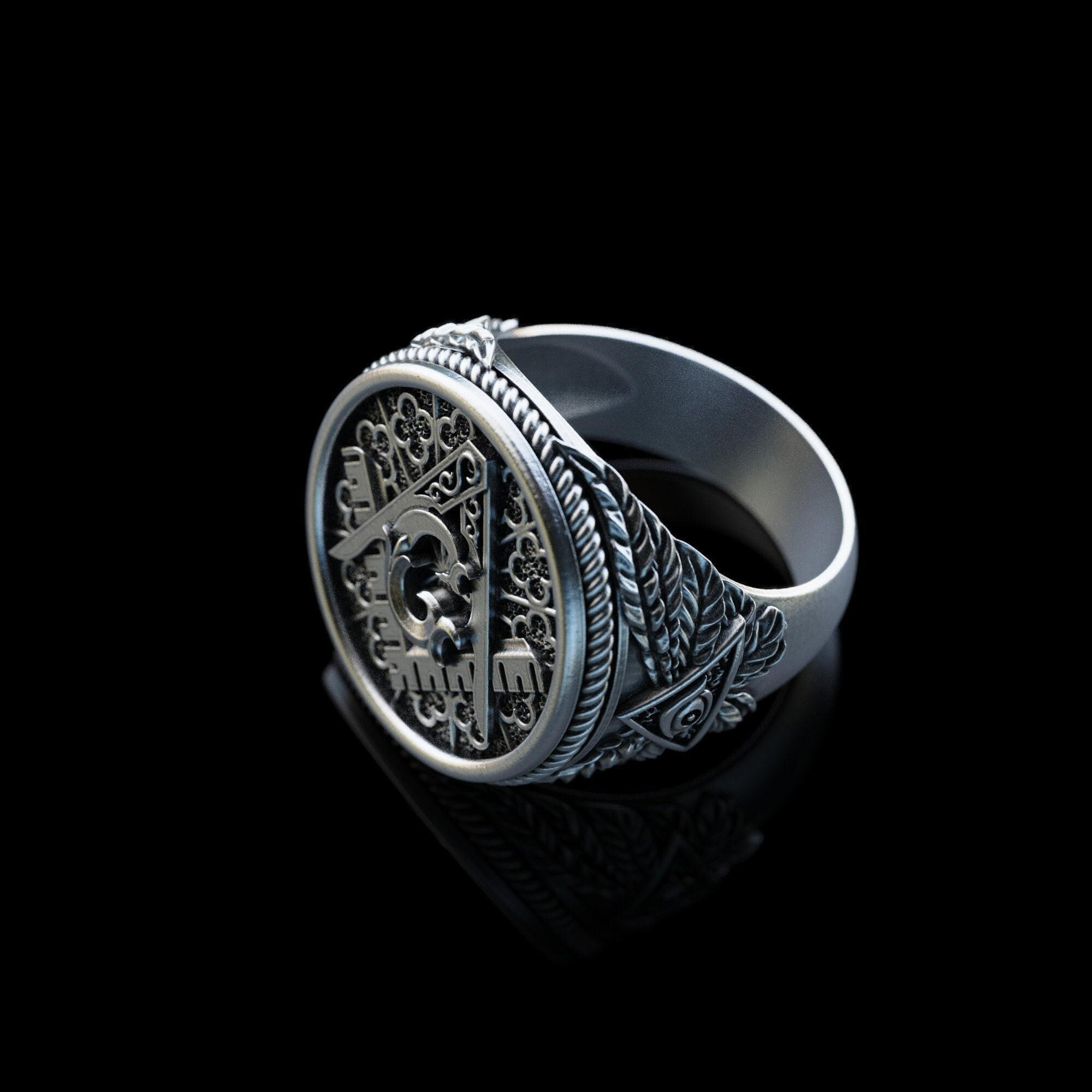 Sterling Silver Master Mason Ring, Personalized Freemason Symbol Signet ...