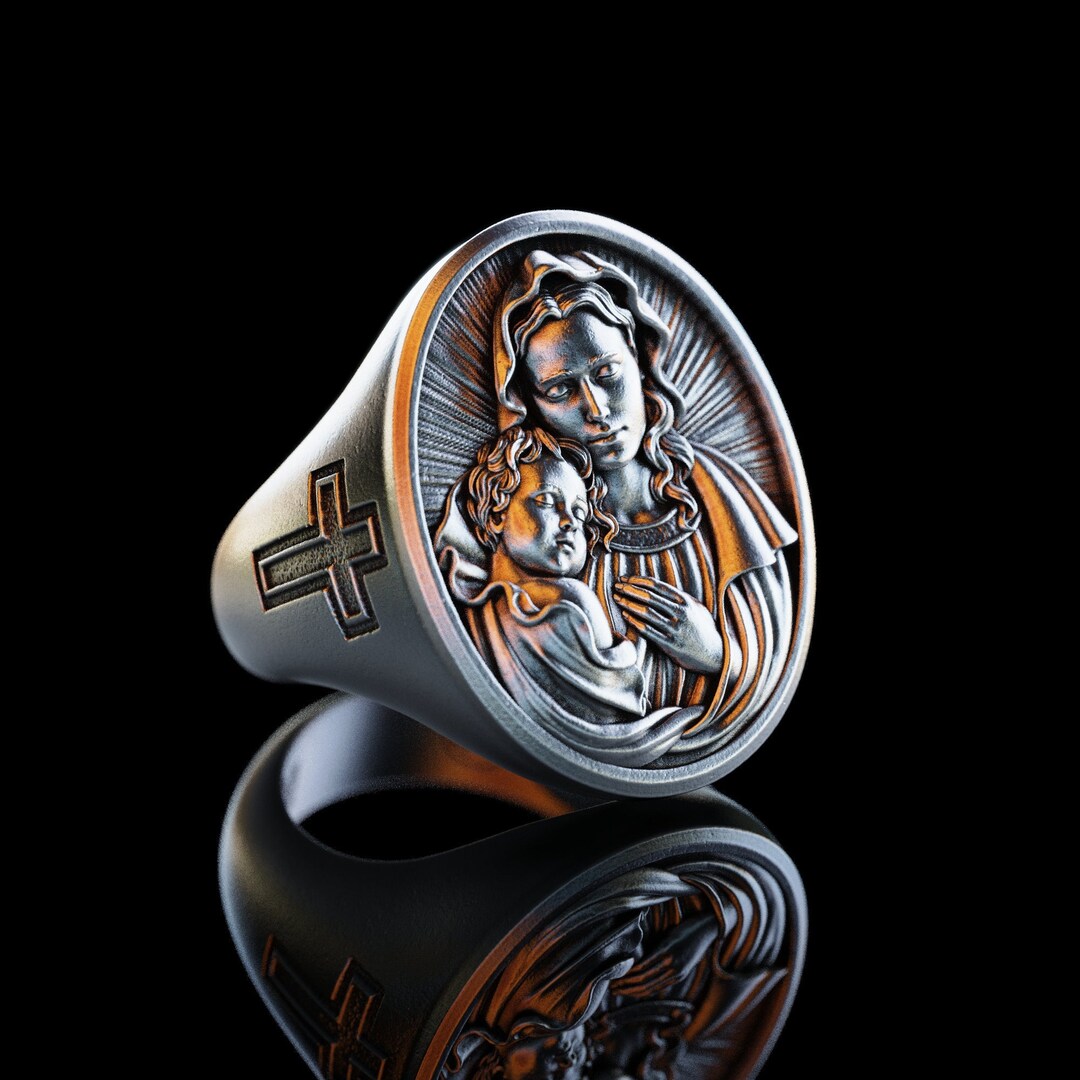 Personalized Virgin Mary and Baby Jesus Silver Ring, Handmade Silver ...