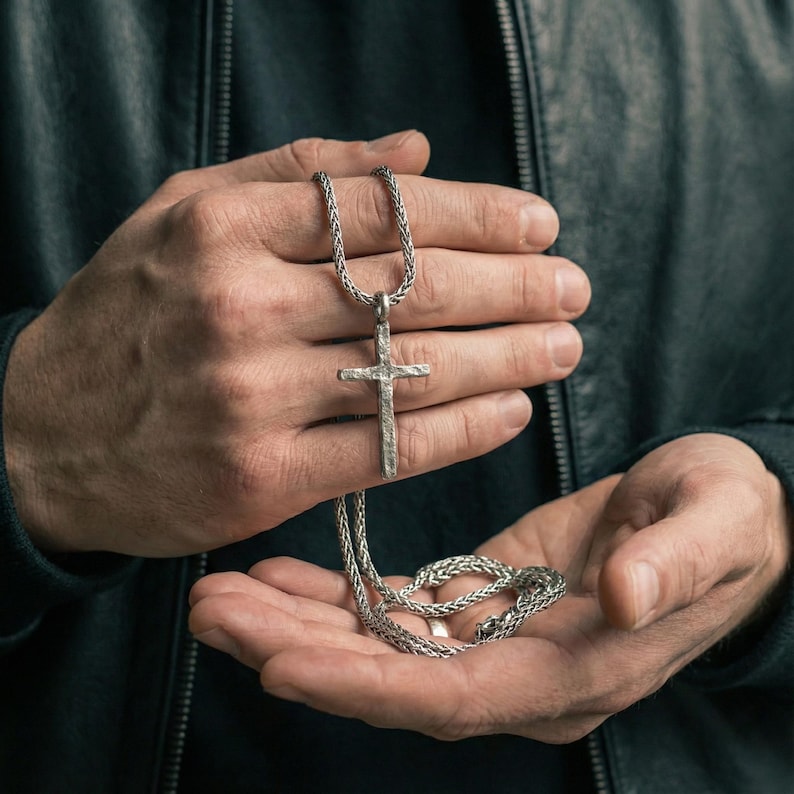 Personalized Rustic Silver Cross Necklace, Handmade Men's Oxidized ...