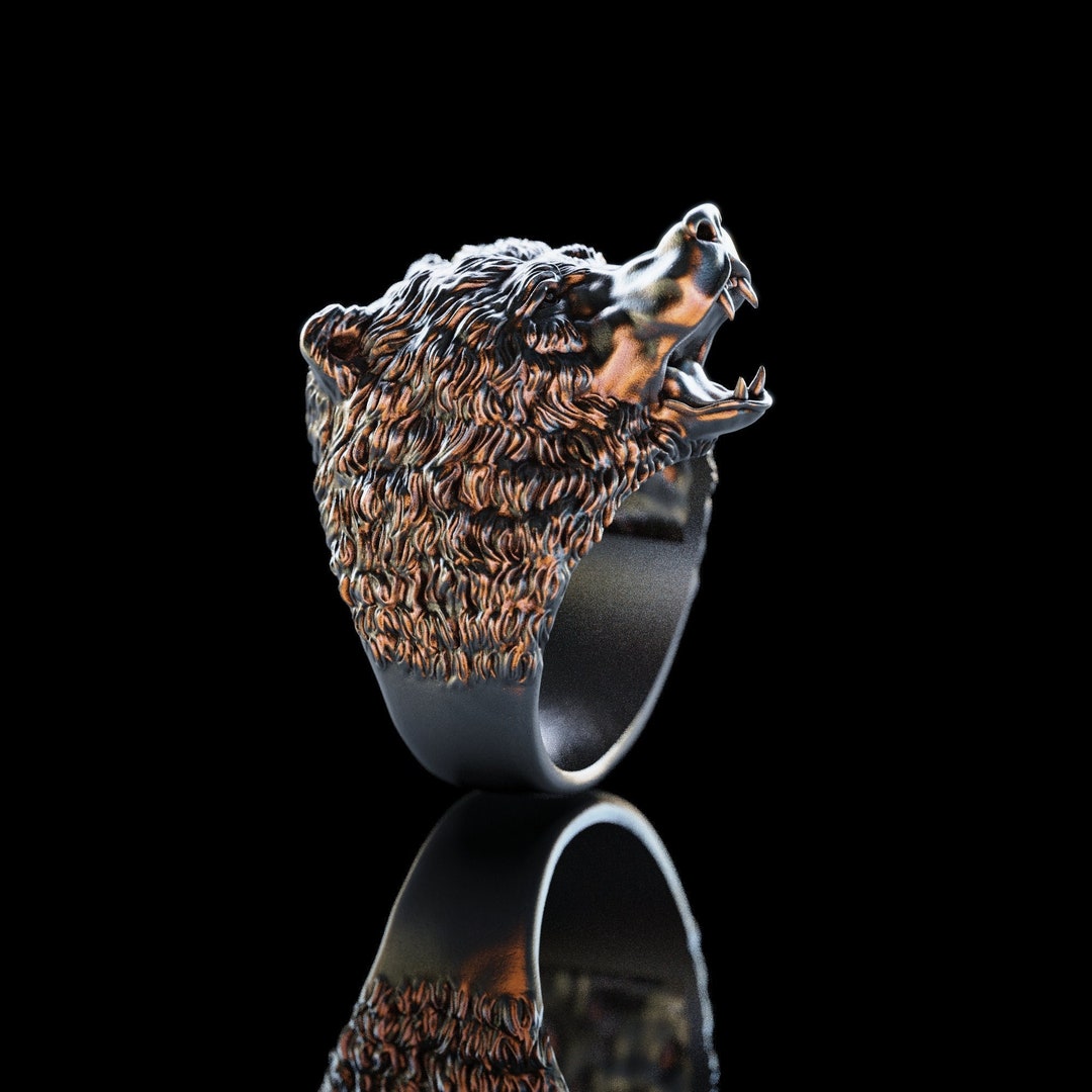 Handmade Silver Bear Head Ring, Grizzly Bear Head Ring, American Bear ...