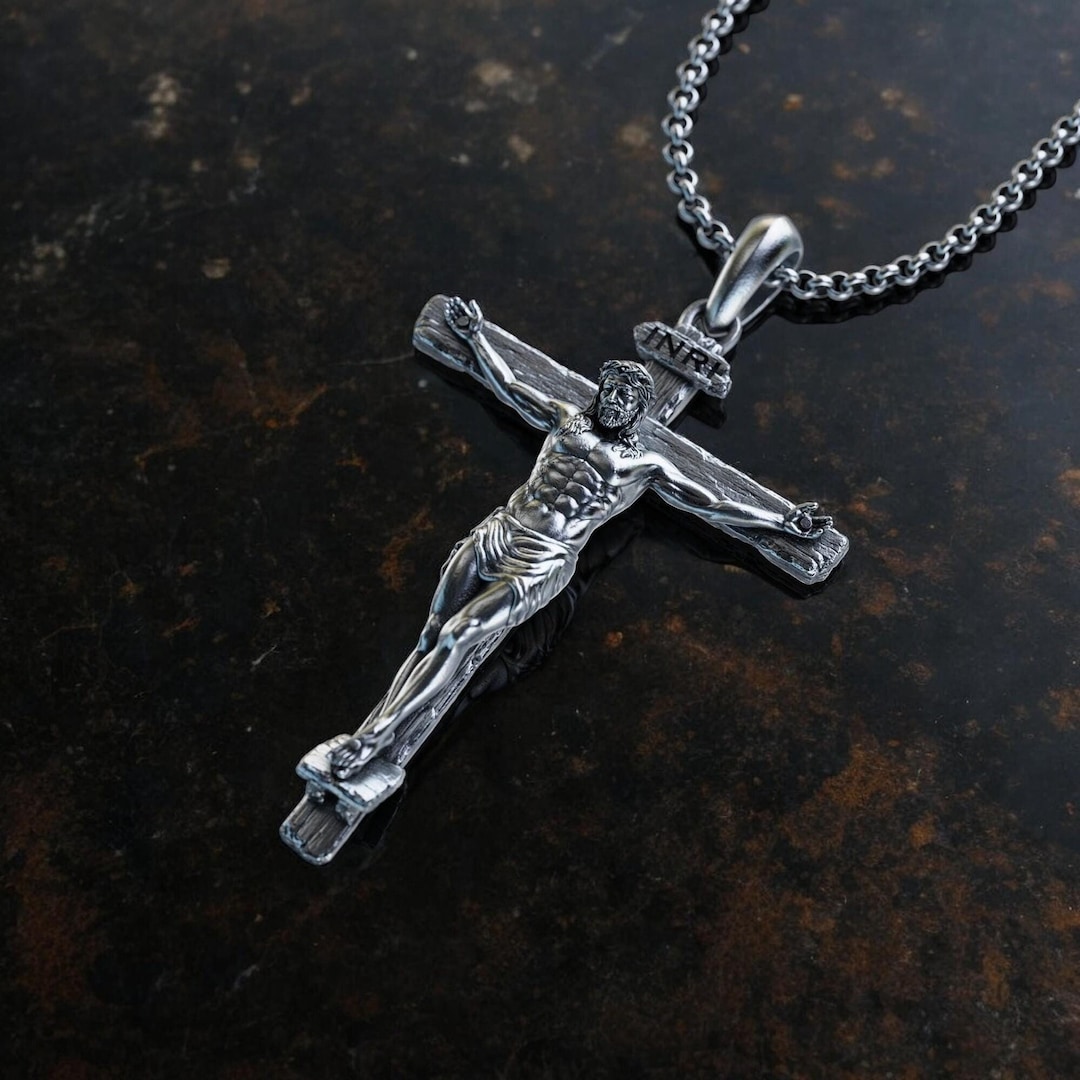 Handmade Crucifix 925K Sterling Silver Necklace, Crucifixion of Jesus ...
