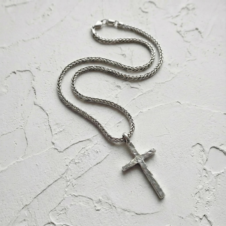 Personalized Rustic Silver Cross Necklace, Handmade Men's Oxidized ...