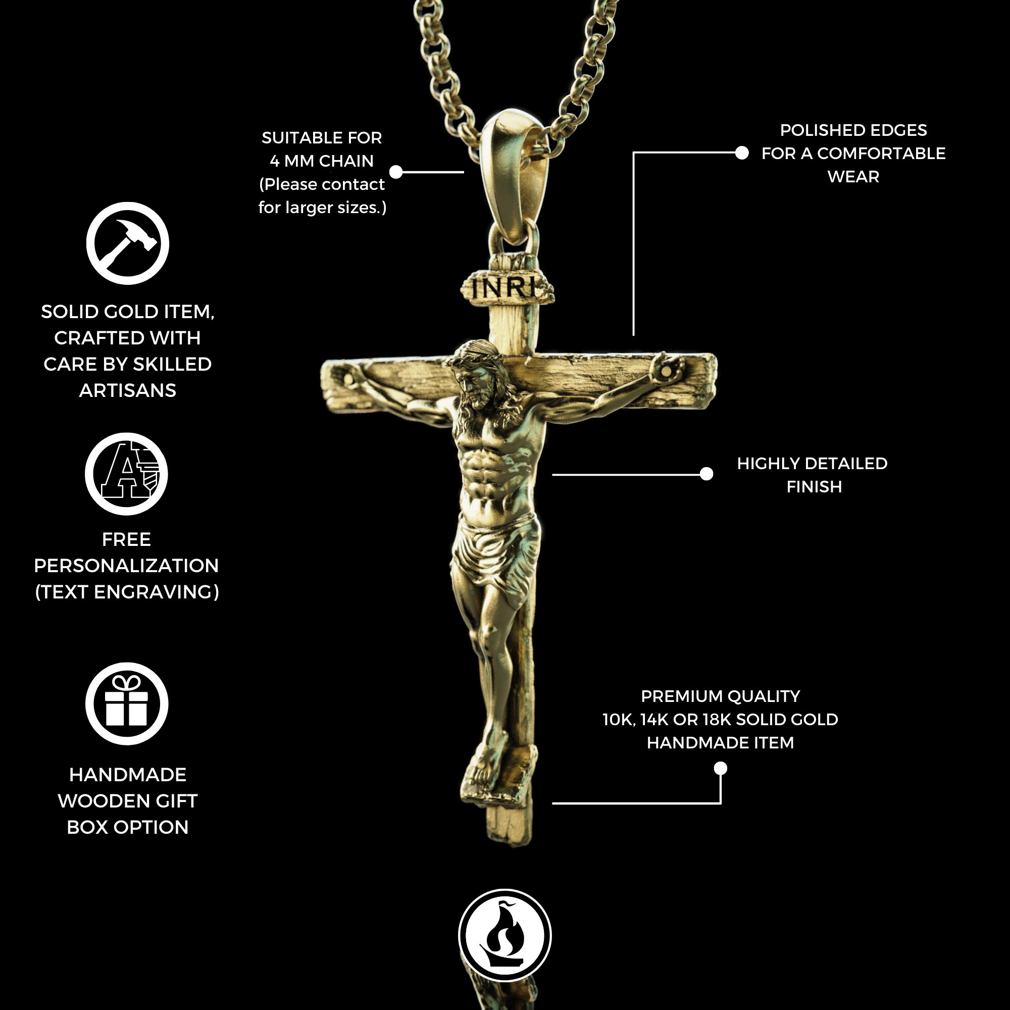 Handmade Jesus Cross Gold Necklace, Personalized Gold Crucifix Pendant ...