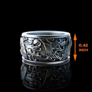 Japanese Koi Fish and Waves Silver Ring, Handmade Japan Ornament Carp Ring, Japanese Art ...