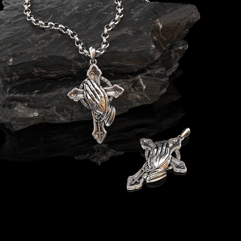 Praying hands Silver Cross Protection Charm Religious Silver | Etsy