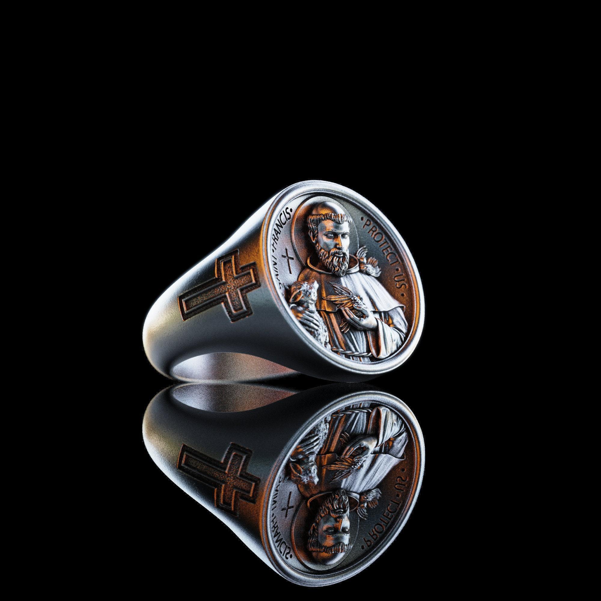 Personalized Silver Saint Francis Ring, Handmade Savior Men Ring ...
