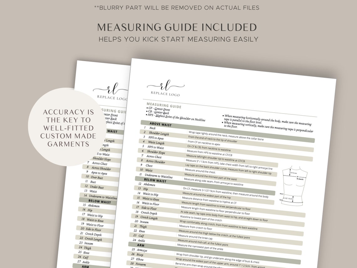 Custom Order Form Set: Include Men & Women Measurement Chart (fillable ...