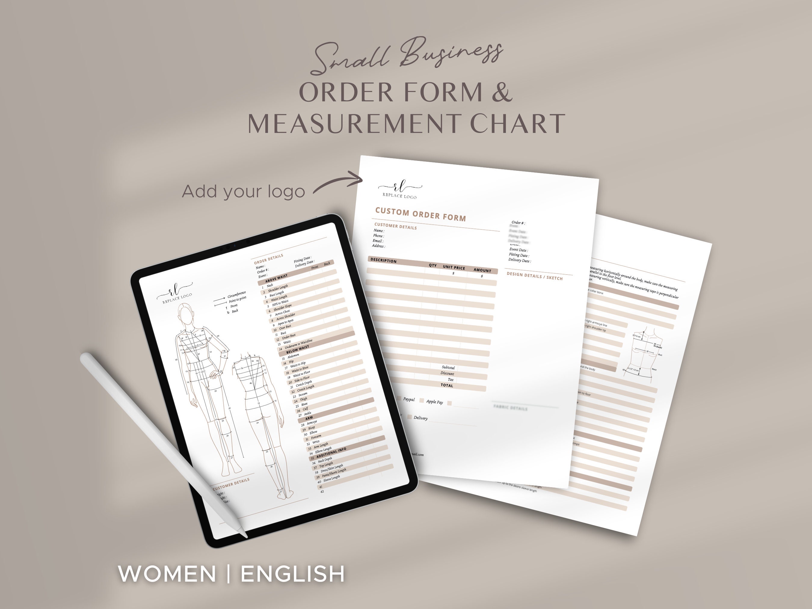 Printable Custom Order Form & Body Size Chart With Logo Fillable Women ...