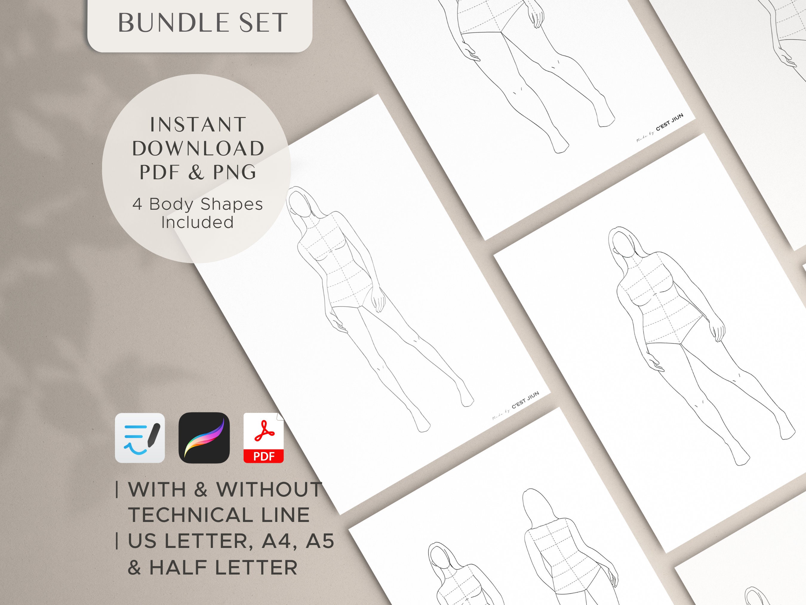 Female Figure Fashion Croquis Printable Template Slim Medium Plus Size ...