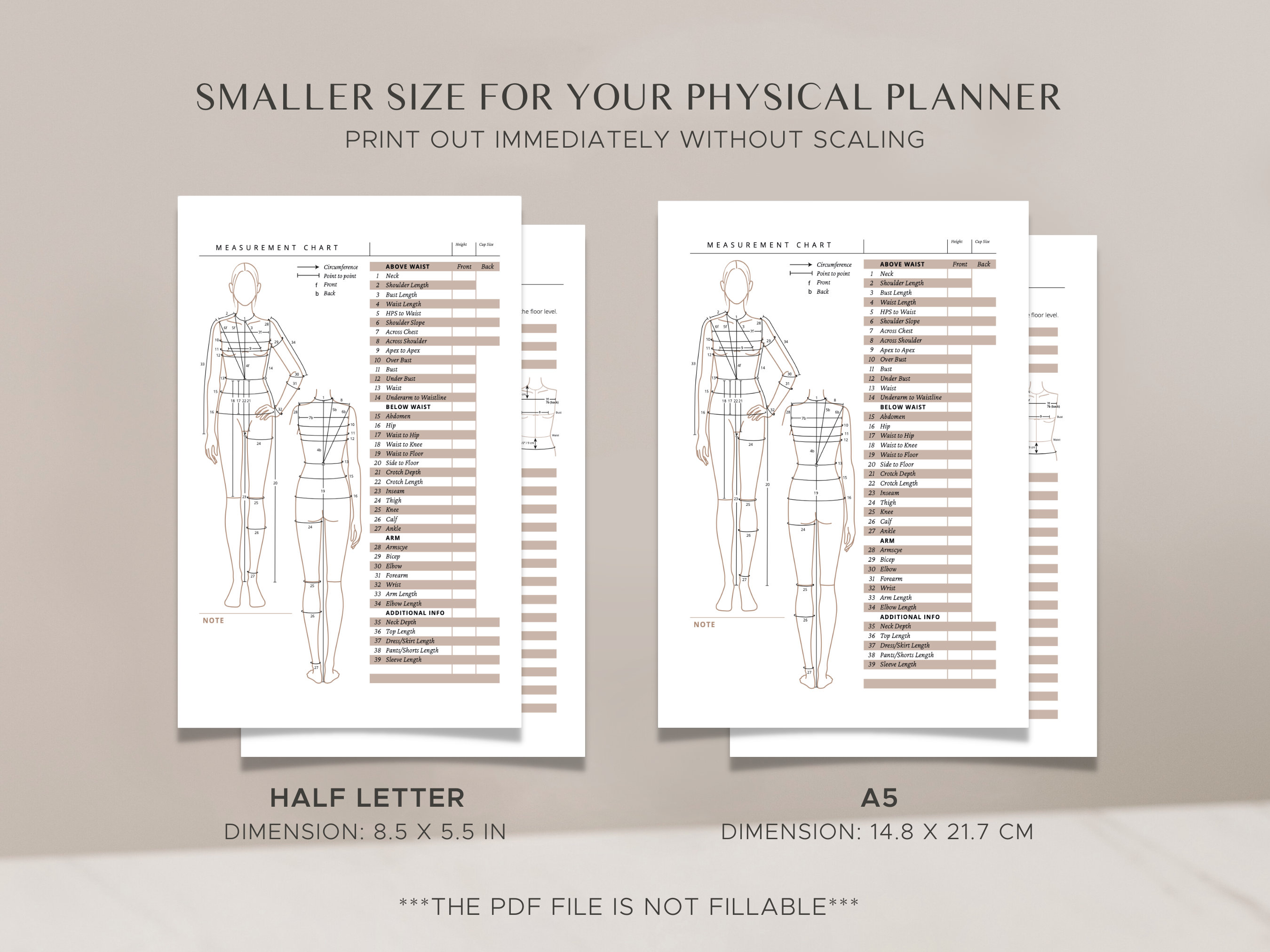 Printable Measurement Sheet Fillable PDF Women Size Chart Template How ...
