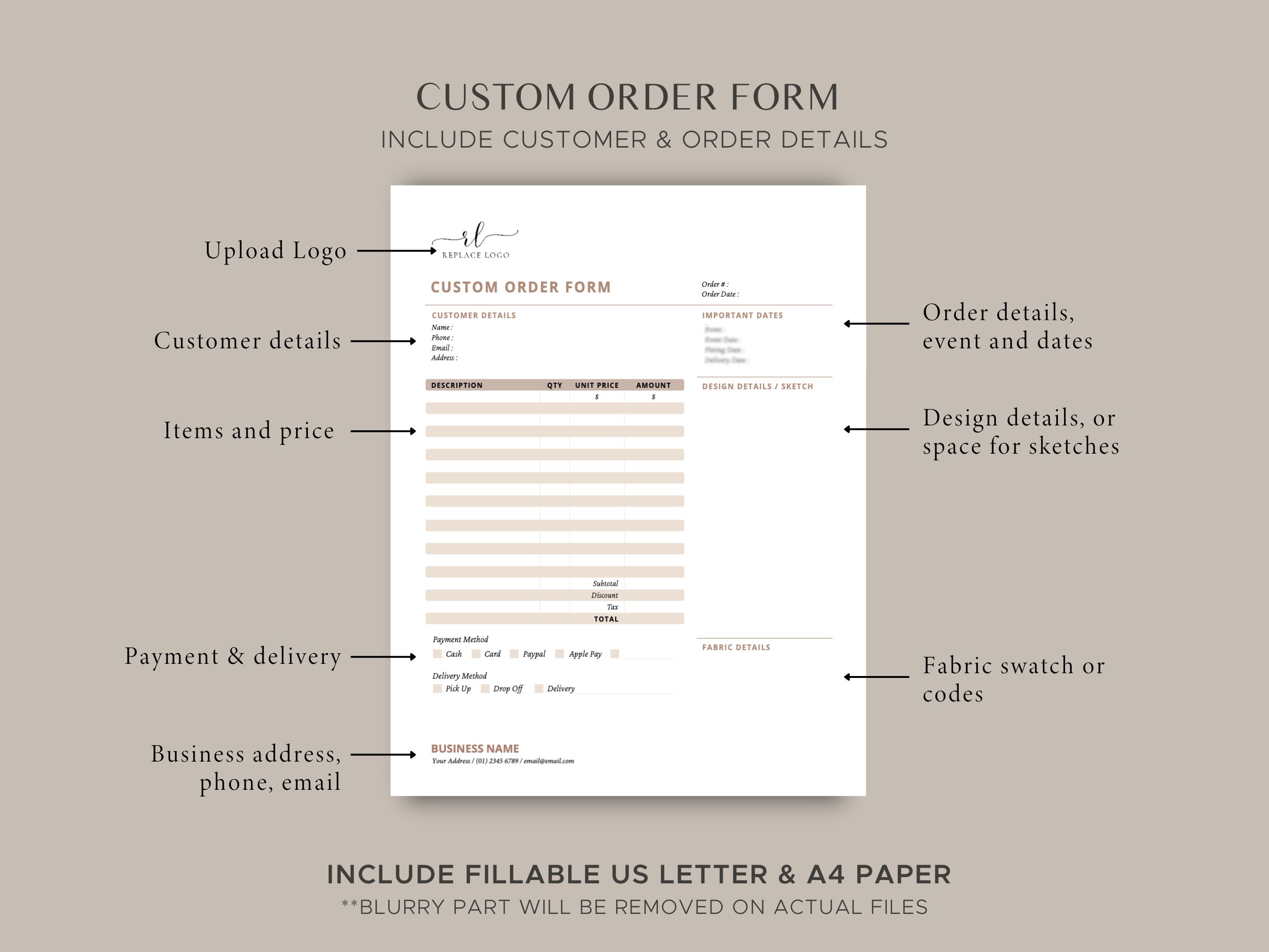 Printable Custom Order Form & Body Size Chart With Logo Fillable Women ...