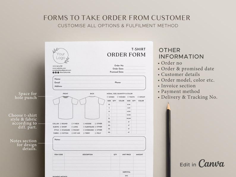 Editable T-shirt Order Form Template: Business Invoice & Tracker ...