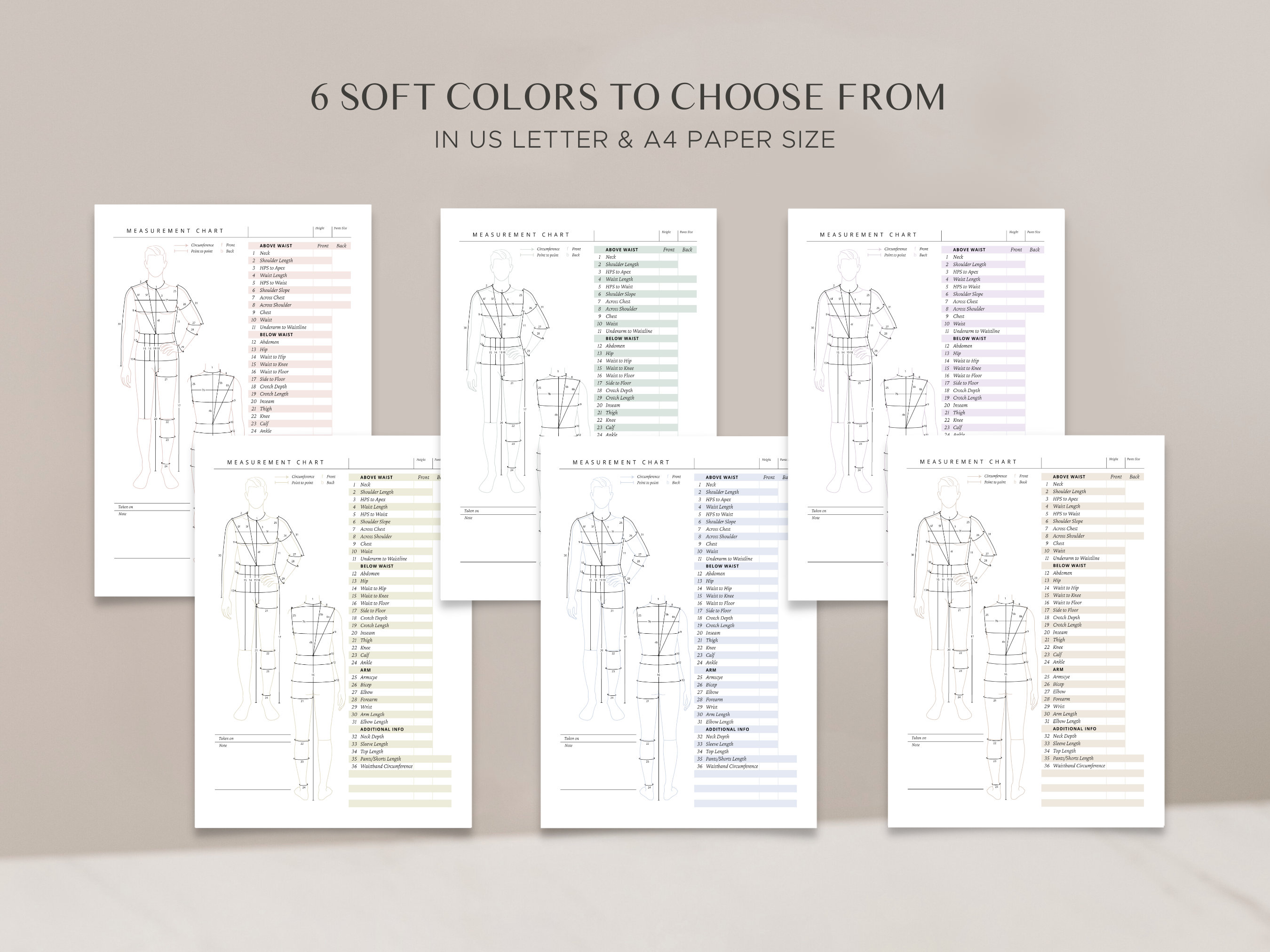 Printable Men Body Size Chart Pastel Fillable Men Measurement Form PDF ...