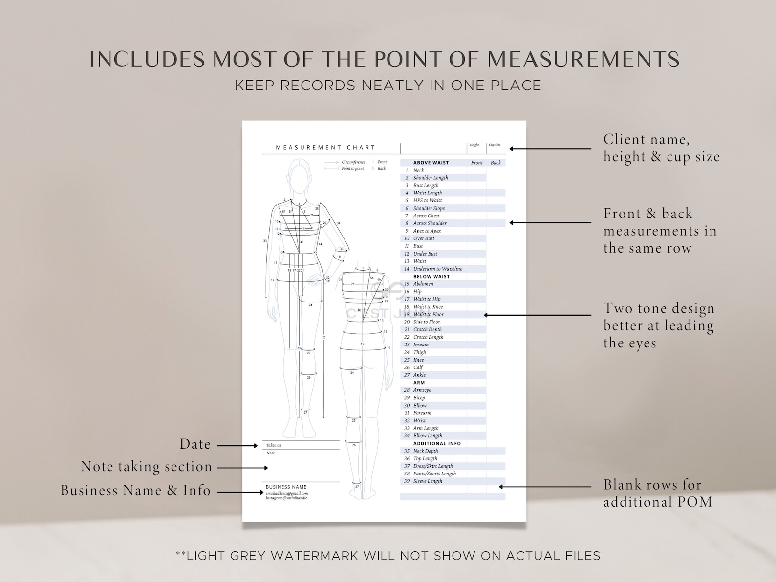 Printable Body Size Chart | Fillable Women Measurement Template | Light ...