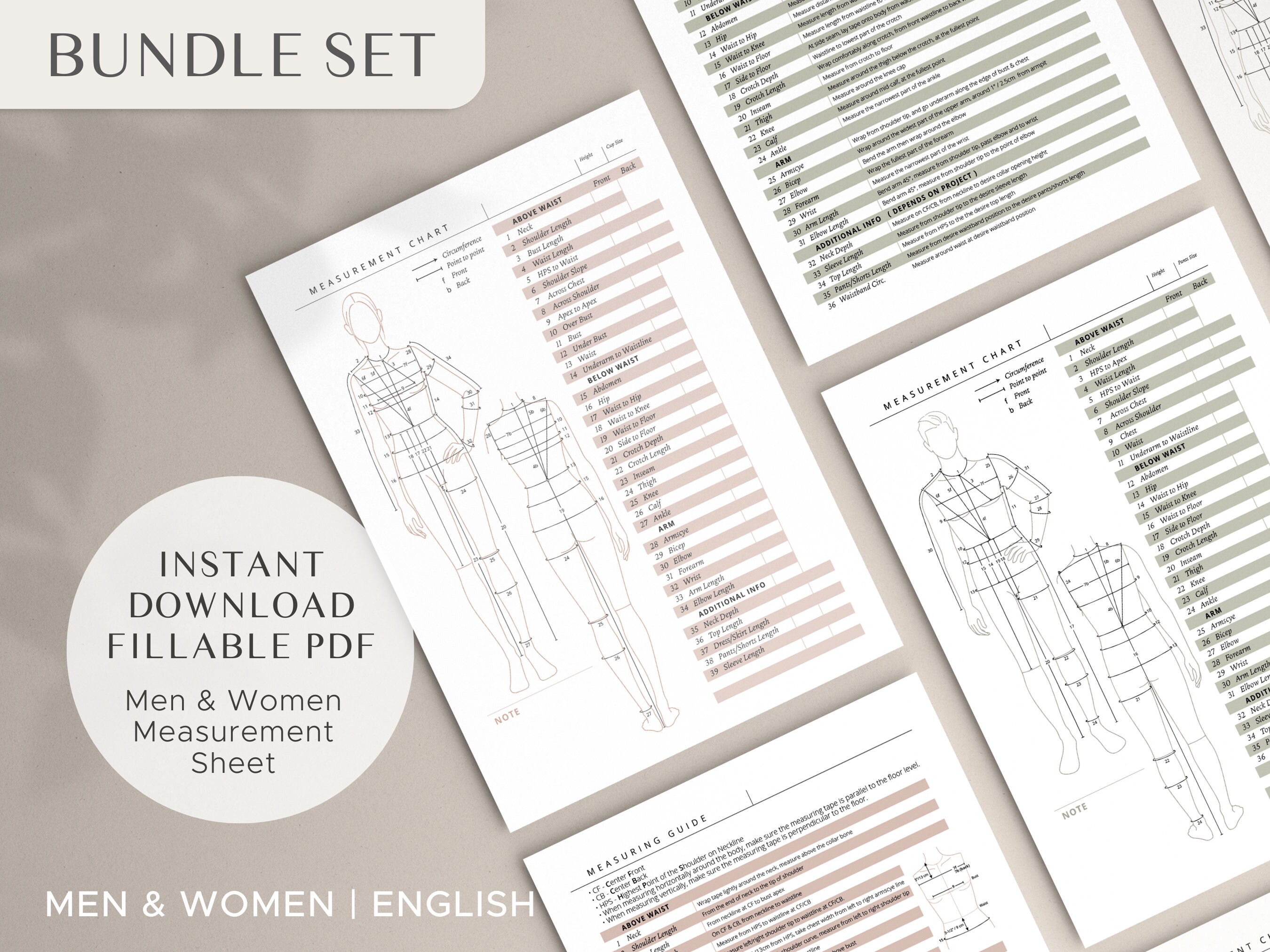 Printable Body Size Chart Fillable Women and Men Measurement - Etsy ...