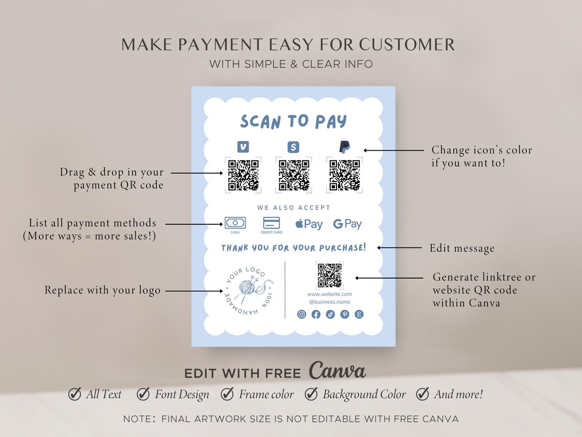 Scan to Pay QR Code Sign: Craft Show Payment Display Canva Template ...