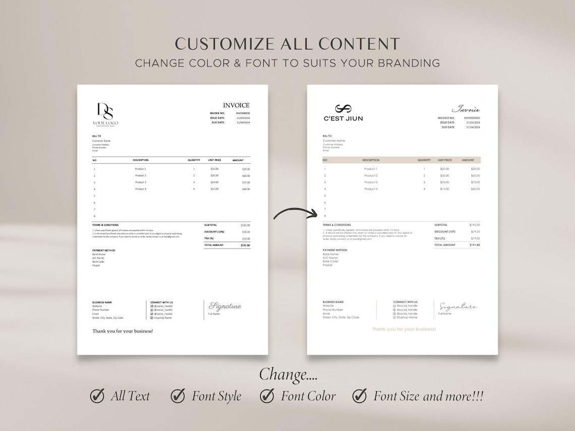 Editable Invoice Template for Small Business With Logo PDF, Google ...