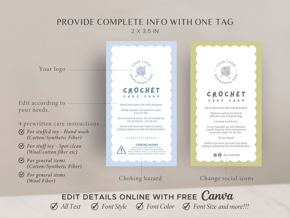 4 Printable Crochet Care Tags Care Instructions for Hand Knitted ...