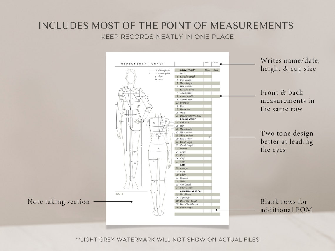 Printable Body Size Chart | Fillable Women Measurement Template | PDF ...