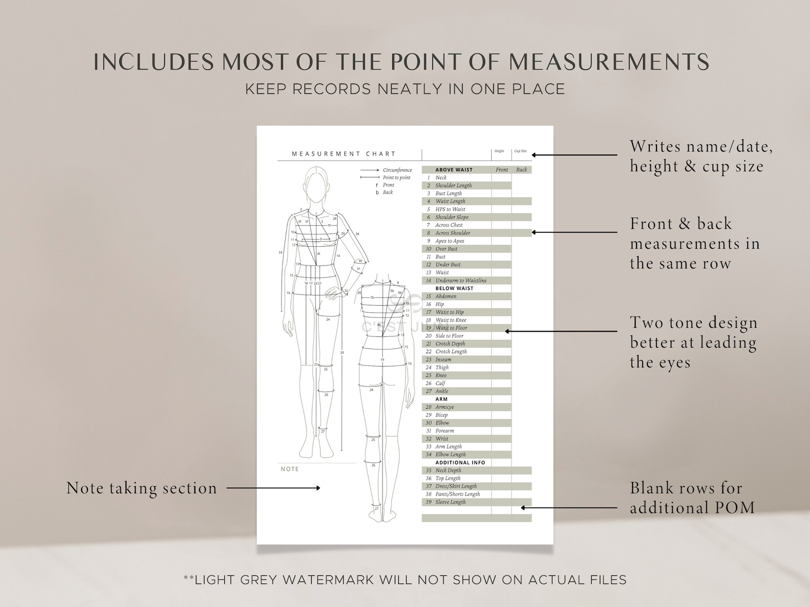 Printable Body Size Chart Fillable Women Measurement - Etsy