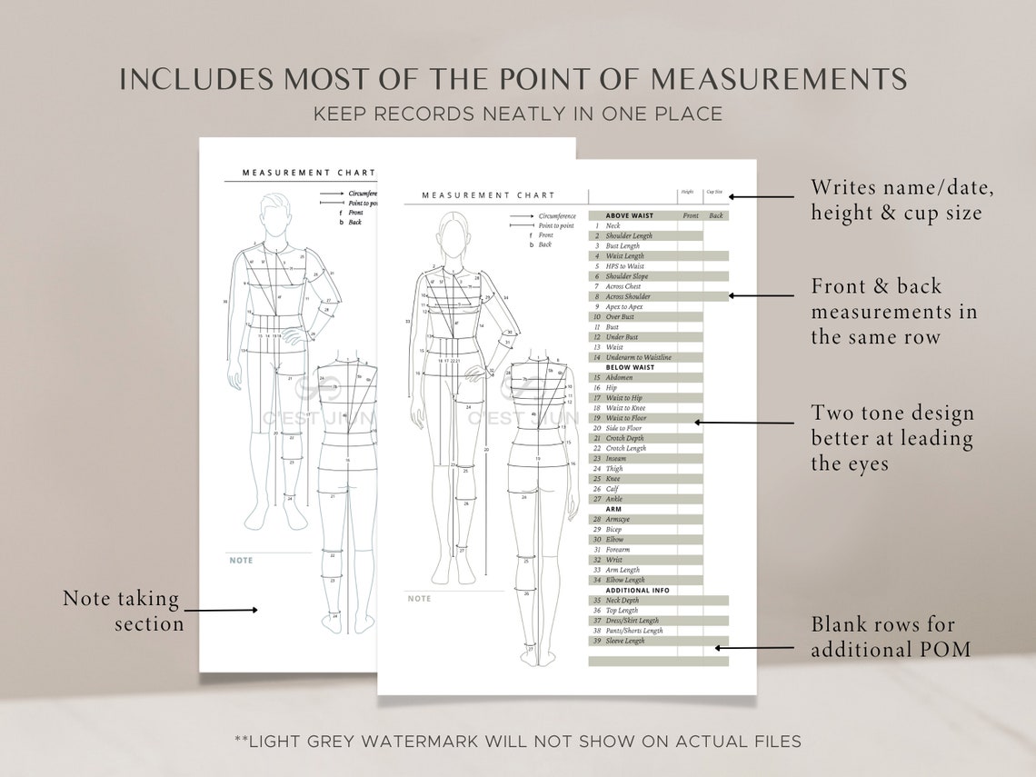 Printable Body Size Chart Fillable Women and Men Measurement - Etsy UK